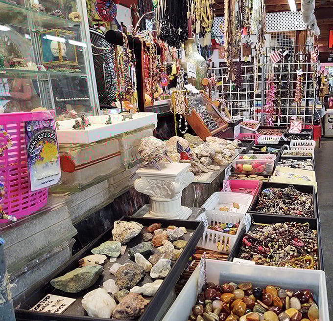 Gemstones, shells, and jewelry components create a treasure chest effect. Like stumbling into a pirate's hidden stash, minus the skull and crossbones.