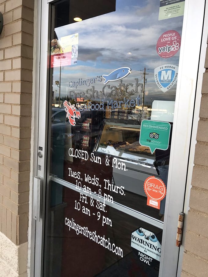 The door that tells you when happiness is available. Those hours aren't just information&mdash;they're your roadmap to seafood bliss.