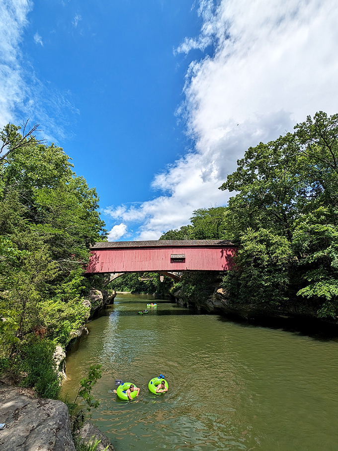 The Narrows Covered Bridge looks even better with a supporting cast of inner tubes. Indiana's version of Venice, just with more country charm and fewer gondoliers.