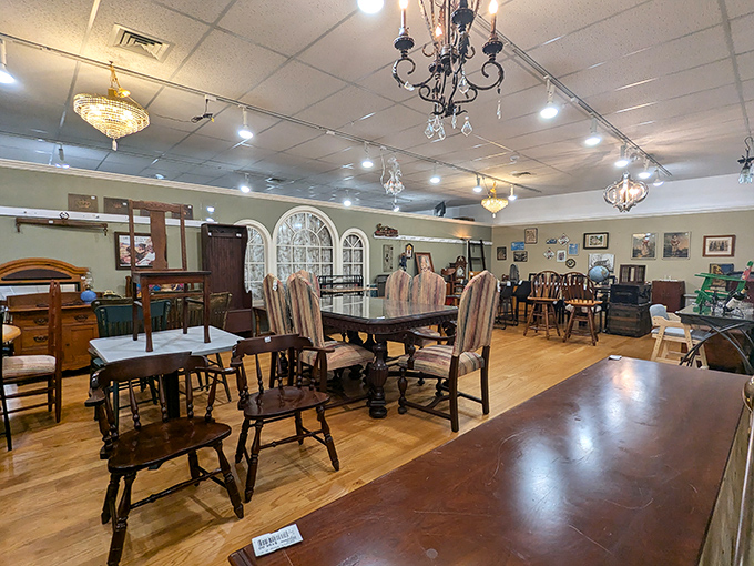 Dining sets that have hosted countless family meals now wait for new conversations. That dark wood table has stories to tell!