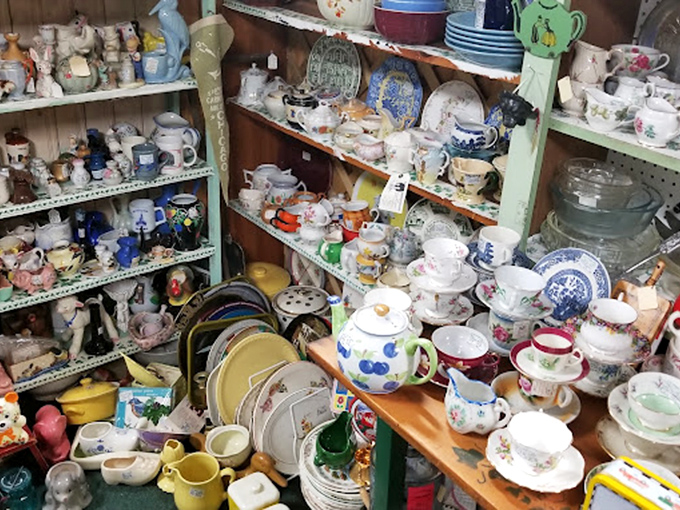 Tea party heaven&mdash;shelves groan under the weight of enough cups, saucers, and pots to serve the entire Downton Abbey cast.