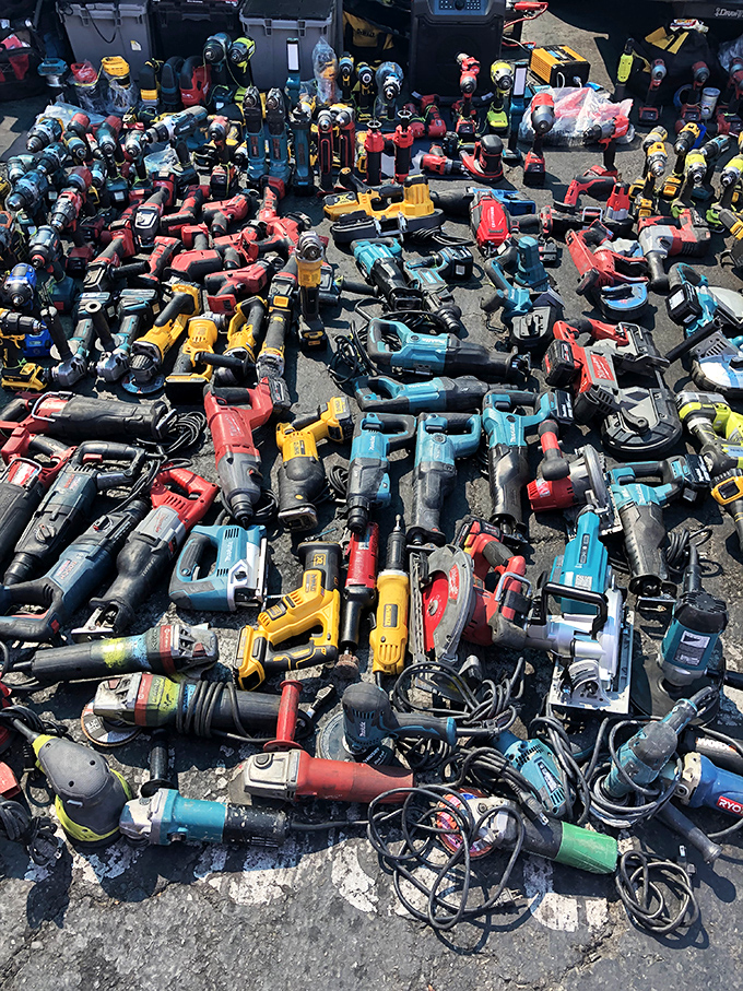 Tool heaven for DIY enthusiasts. Like a hardware store had a yard sale, these power tools await their second act in someone's garage.