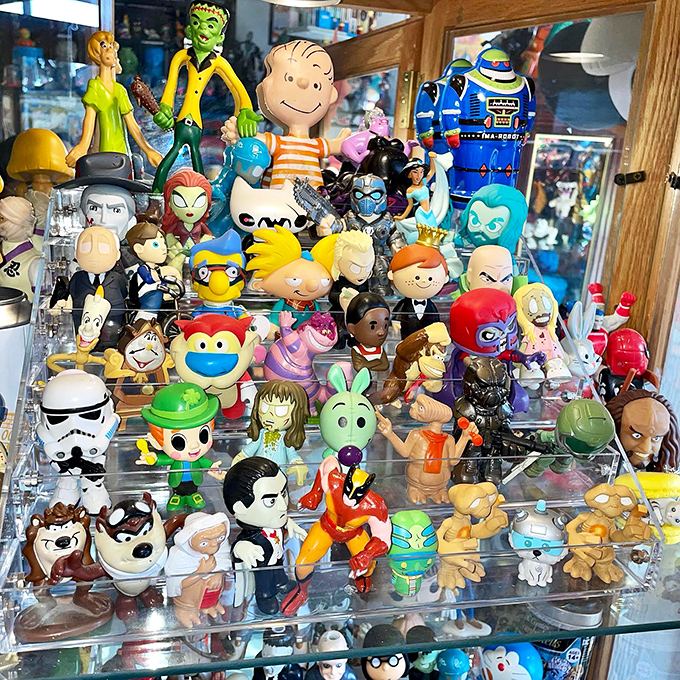 Toy collectors strike gold at this nostalgic display case, where childhood heroes from every generation stand shoulder to tiny shoulder.