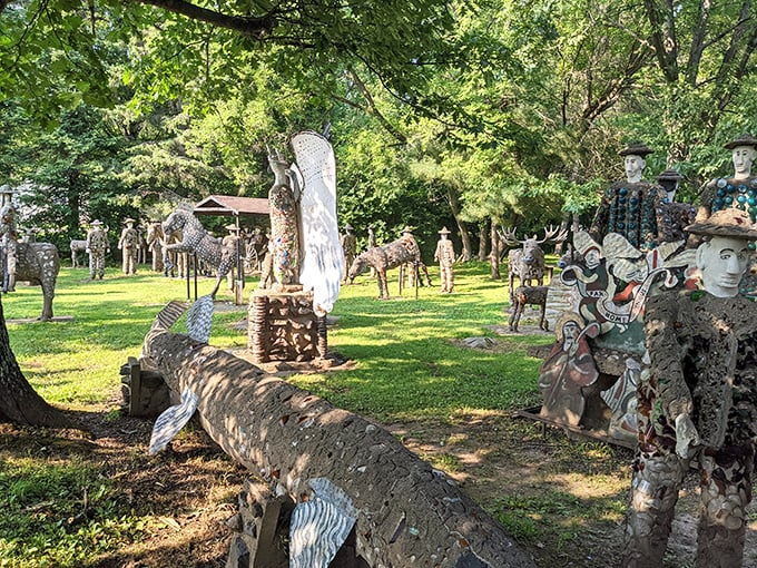 The park's sculptures create a strange concrete community where everyone is perpetually having the best day ever, rain or shine.