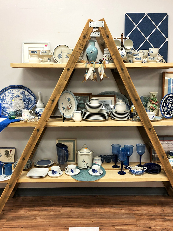 This triangle display of blue and white porcelain would make any collector's heart skip. Grandma's china pattern might be hiding here!