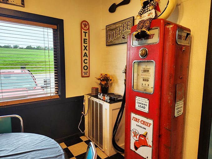 That vintage gas pump isn't just decoration&mdash;it's fueling nostalgia that powers the entire dining experience. Texaco sign approves silently.