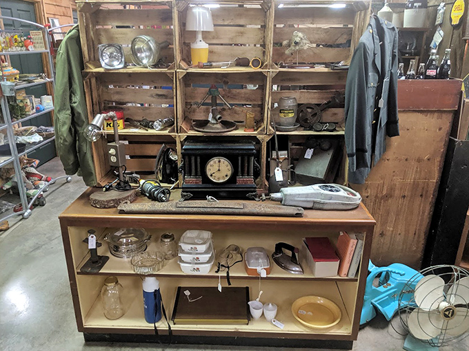 Wooden crates become industrial-chic shelving for measuring tools and kitchen gadgets that worked perfectly fine without digital displays.