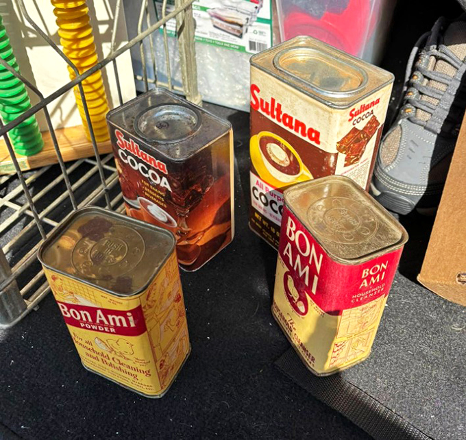 Vintage Sultana Cocoa and Bon Ami tins that transport you straight to Grandma's pantry, where everything somehow tasted better than it does today.