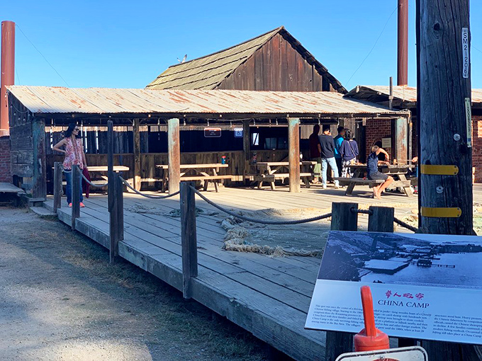 Historic buildings tell the story of China Camp's past, when this quiet shore bustled with the shrimp fishing industry.