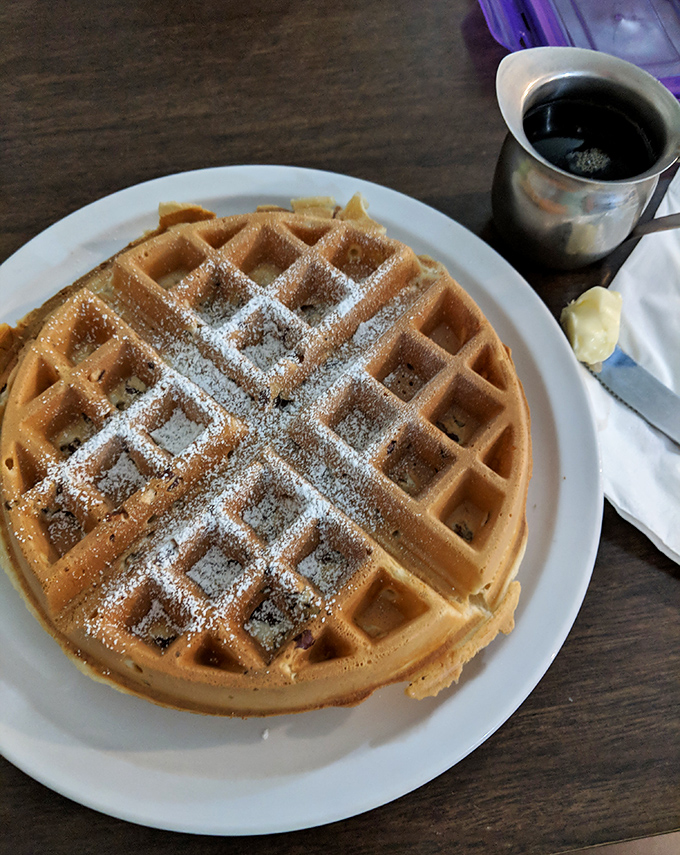 The waffle grid: nature's perfect design for maximum syrup retention. A dusting of powdered sugar because sometimes more is more.