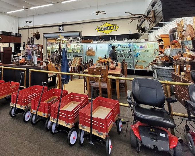 Little red wagons lined up like obedient schoolchildren, ready to transport your treasures or fulfill childhood dreams of neighborhood racing.
