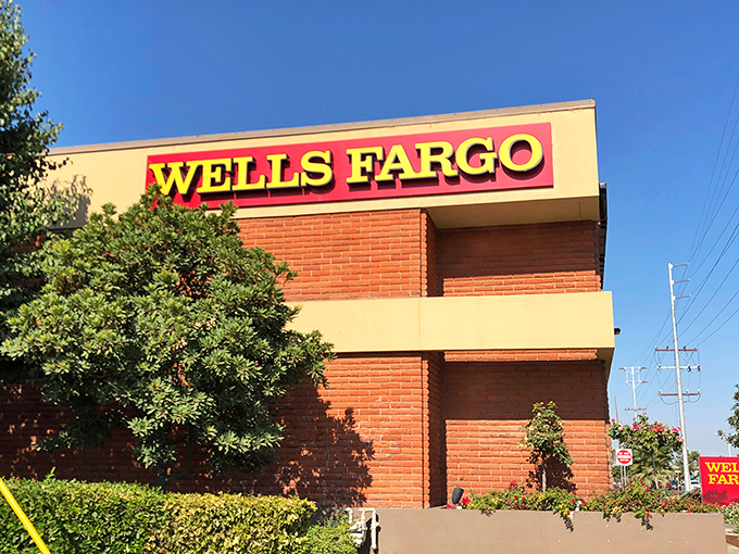 Banking meets brick and mortar in this Wells Fargo branch, where financial transactions happen against a backdrop of impossibly blue California skies.