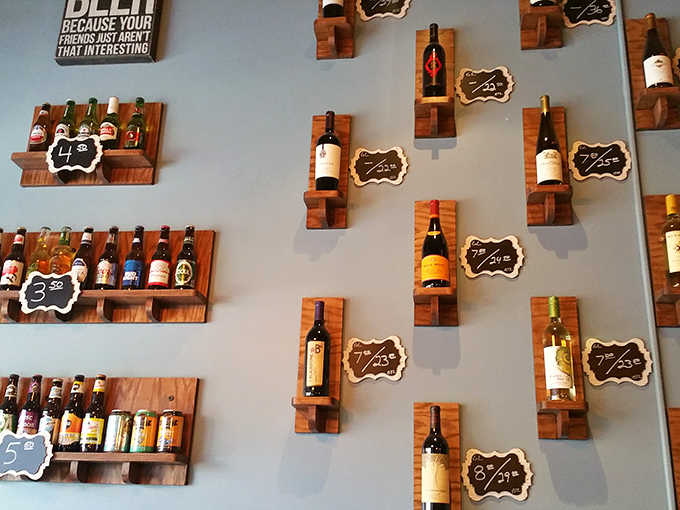 The wall of wine and beer&mdash;because nothing complements the fruits of the sea quite like the fruits of the vine.