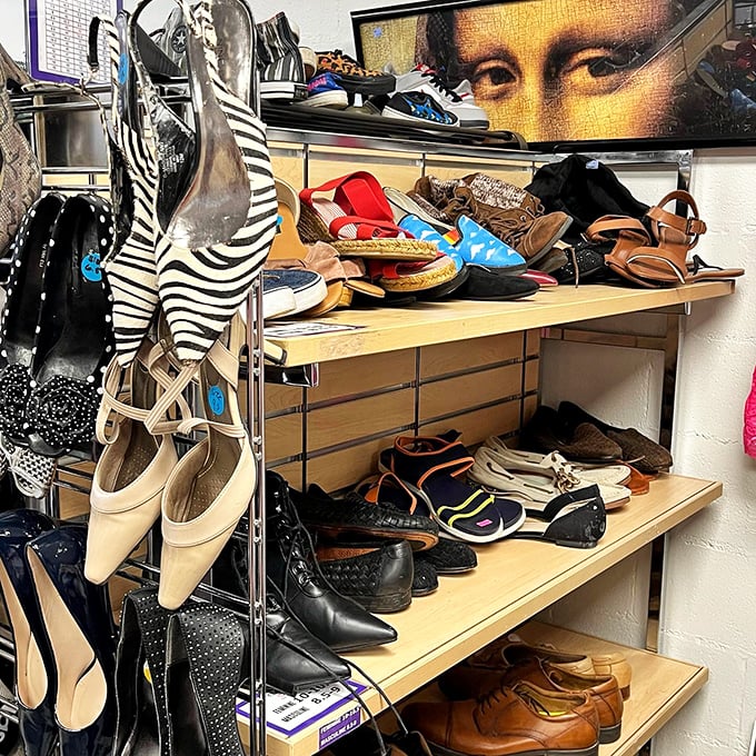 The Mona Lisa watches over an eclectic footwear collection. From zebra-print heels to practical flats, Leonardo would appreciate this artistic arrangement.