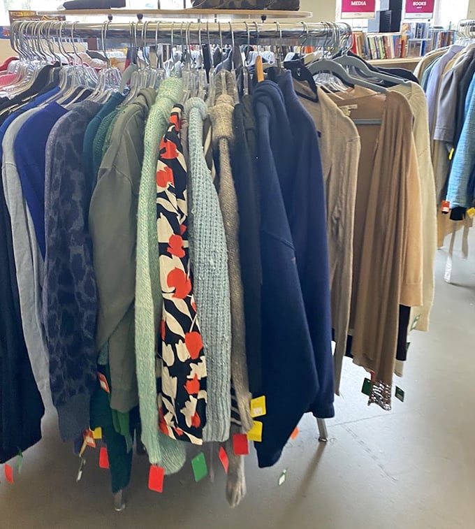 A rainbow of textures and patterns awaits on this rack. That floral print might have stories to tell about its previous adventures around Atlanta.