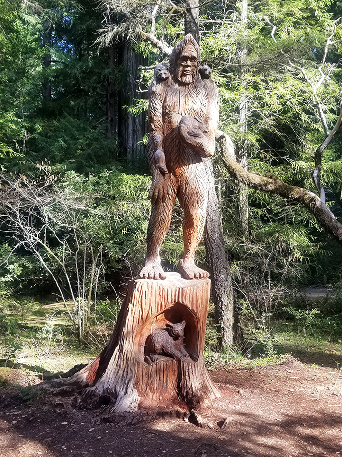 Not Bigfoot, but close enough! This whimsical wood carving brings forest folklore to life, delighting hikers of all ages.