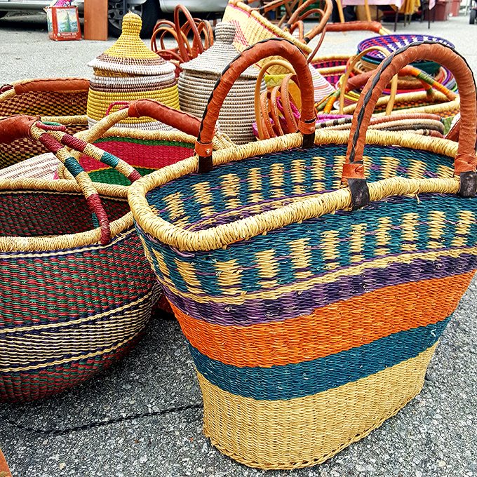Woven baskets in sunset hues tell stories of global craftsmanship, each ready to carry home the day's treasures or brighten a kitchen corner.