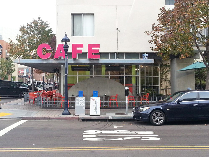 Cafe 222's bold pink sign and modern design stand out in downtown San Diego. Breakfast worth getting up early for.