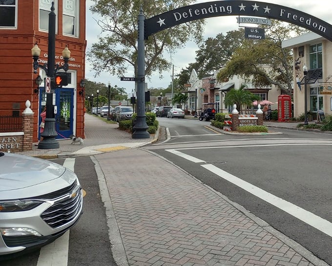 Dunedin's arch stands tall over the town, a landmark visible from a quaint corner of this historic gem.