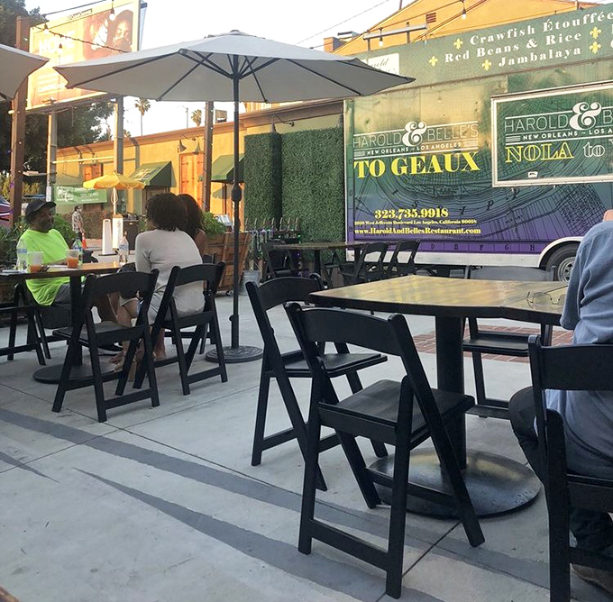 Harold & Belle's outdoor seating area is where Creole magic happens under California sunshine.