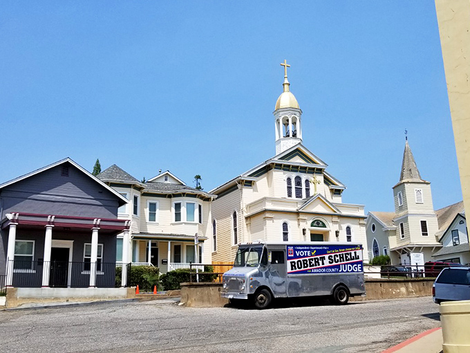 Jackson's church steeple rises above historic homes, a spiritual sentinel watching over this Gold Rush gem.