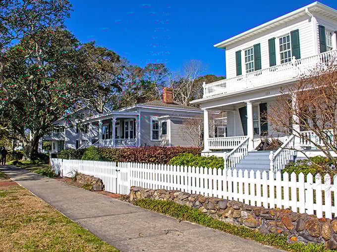 Southport's colorful beach cottages line up like a rainbow of coastal Carolina dreams.