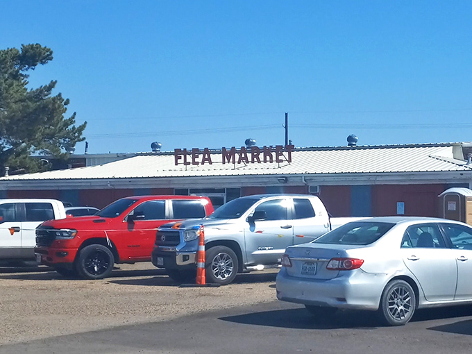 No-nonsense shopping! The National Flea Market's straightforward building houses practical treasures for practical Texans.