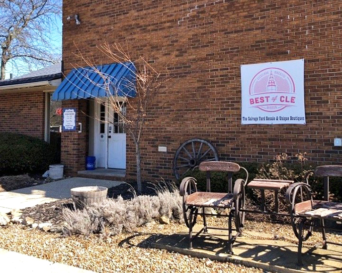 The Salvage Yard's rustic exterior, complete with vintage furniture display, sets the perfect tone for treasure hunting.