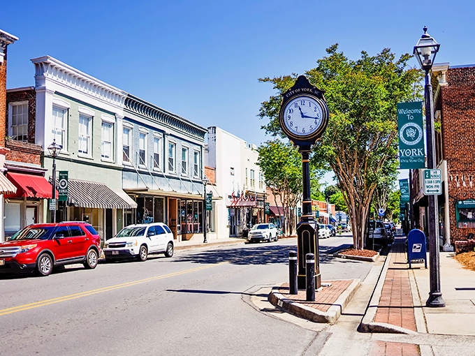 York's main street features the town clock, though folks here measure time by seasons rather than minutes.