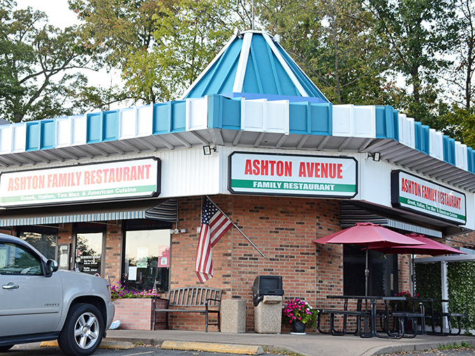 The welcoming entrance and outdoor seating at Ashton Family Restaurant invite you to stay awhile and order dessert.