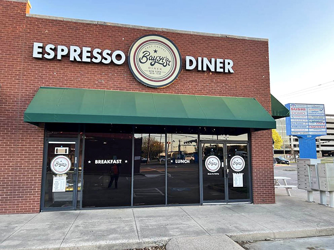 Morning light illuminates Bay34th Street Diner's welcoming entrance &ndash; where breakfast dreams come true seven days a week.
