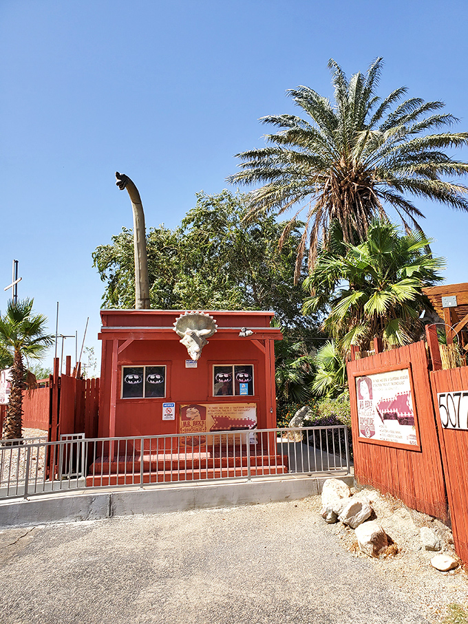 The towering Brontosaurus neck stretches skyward, creating an unmistakable landmark for dinosaur enthusiasts everywhere.