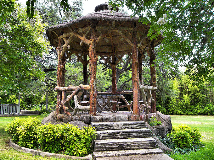 This rustic gazebo in Comfort looks like it was designed by Mother Nature herself, with a little help from human hands.