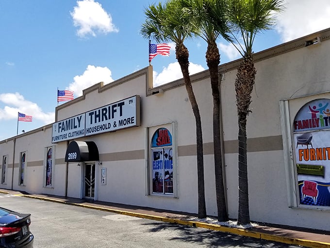 Bright, cheerful exterior design makes thrift shopping feel like a fun family outing.