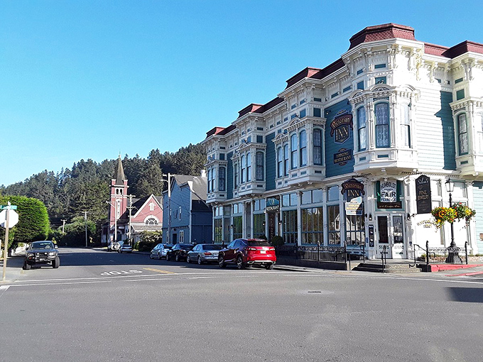 The white facades of Ferndale's historic main street buildings gleam in the California sunshine, preserved like a Victorian time capsule.