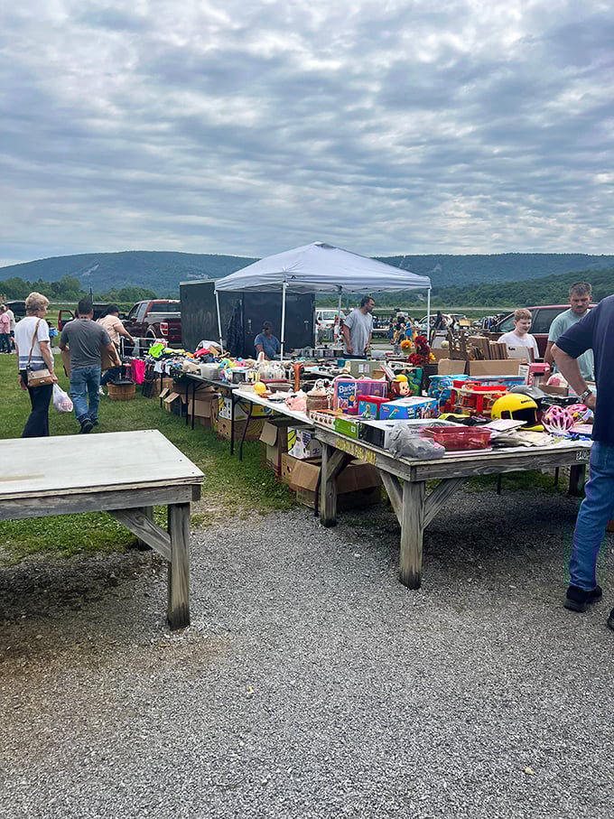 Mountain views and merchandise tables! This outdoor vendor at Leighty's offers toys and household goods with Pennsylvania's beautiful landscape as backdrop.