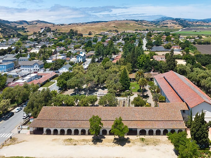 This peaceful view of San Juan Bautista showcases the town's historic mission and surrounding landscape.