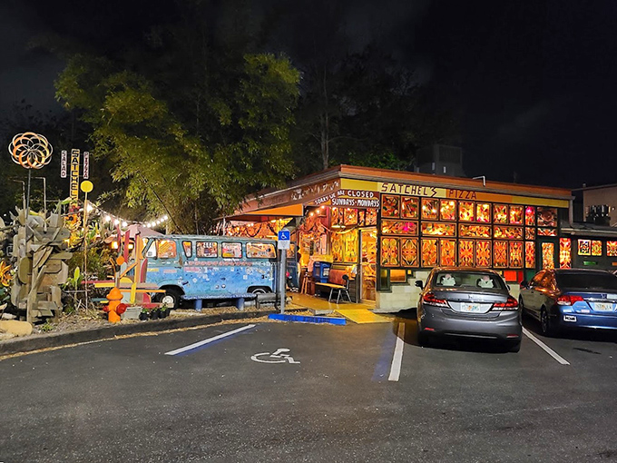 When darkness falls, this funky joint glows like a psychedelic pizza beacon.