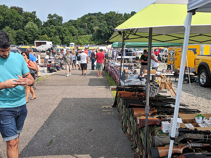 Mountains frame the treasure hunt at Trader Jack's. Nature provides the view while vendors provide the goods.