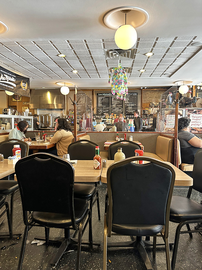 The hanging Easter egg baskets add whimsy to the classic diner atmosphere. Lou Mitchell's knows comfort food should be served in a comfortable setting.