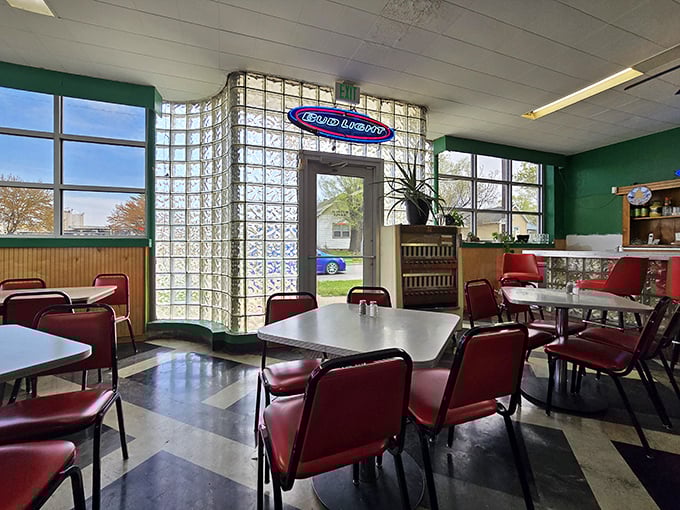 Glass block windows filter light through the dining room, creating that distinct mid-century ambiance. No designer could improve on this perfectly preserved slice of Americana.