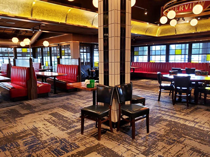 Modern diner elegance with those signature red booths &ndash; like your favorite childhood restaurant grew up and got sophisticated.