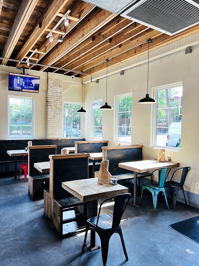 Exposed beams and brick walls whisper stories of countless meals shared and memories made.