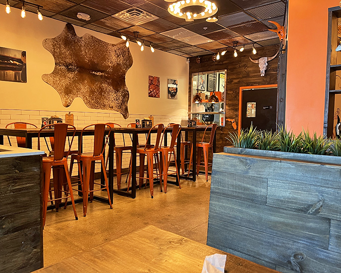 Rustic meets industrial with metal chairs, wooden walls, and that statement cowhide. The Florida cutout reminds you exactly where this smoke magic happens.