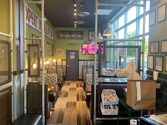 Green walls and clever d&eacute;cor create dining nooks that feel like you've discovered your own secret burger hideaway.