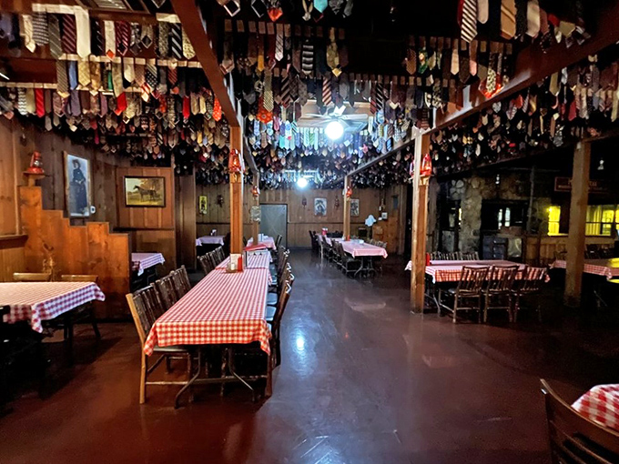 Neckties hang like trophies from the ceiling&mdash;each one representing a visitor who learned the "no fancy dress" rule the hard way.