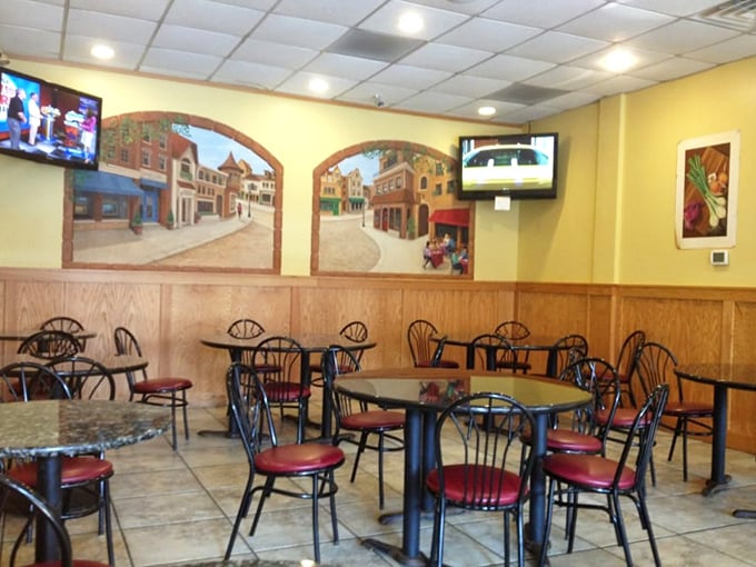 Murals of Italian streetscapes transport diners to pizza's ancestral homeland while TVs keep them connected to Chicago sports. Perfect balance.