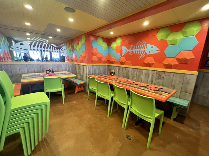 Vibrant fish murals and lime-green chairs create an underwater fantasy world where calories don't count and naps are encouraged.