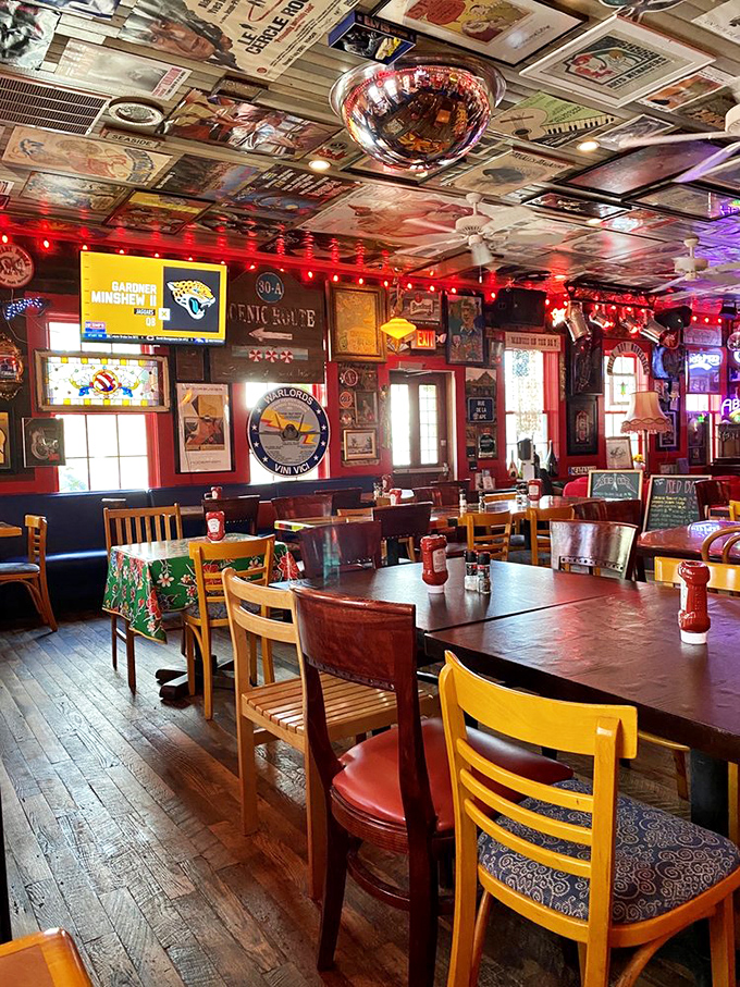 Mismatched chairs and vibrant tablecloths create a dining room that feels like the living embodiment of Florida's "come as you are" philosophy.