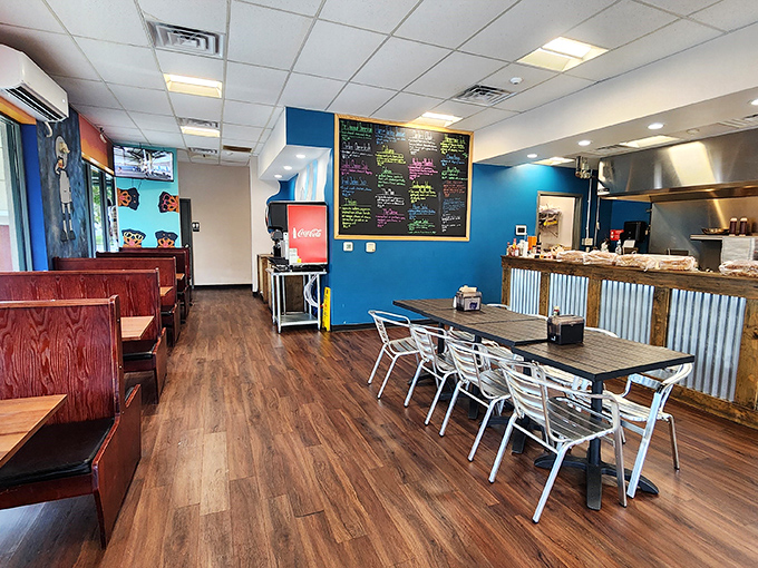 Clean lines, comfortable seating, and the promise of sandwich bliss. The calm before the delicious storm of lunchtime rush.
